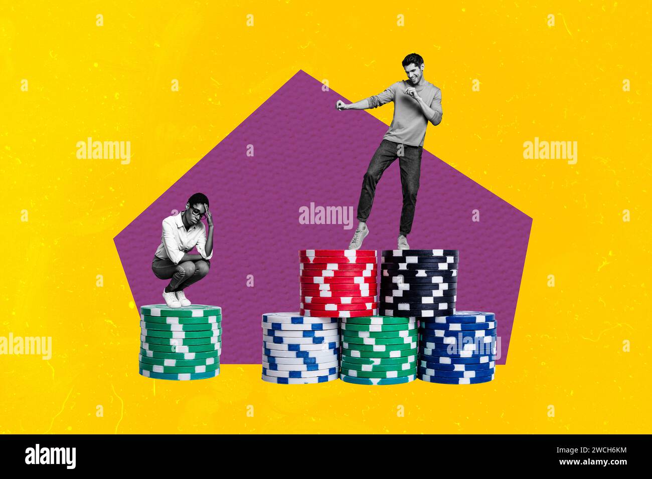 Artwork collage picture of happy guy celebrate victory dance on chips ...