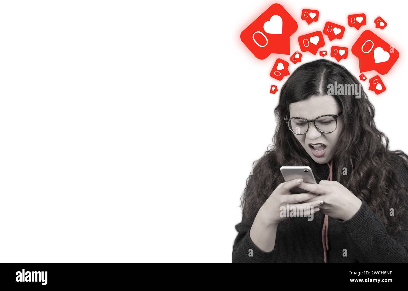 Concept of inactivity in social networks. Girl looks in surprise at her ...
