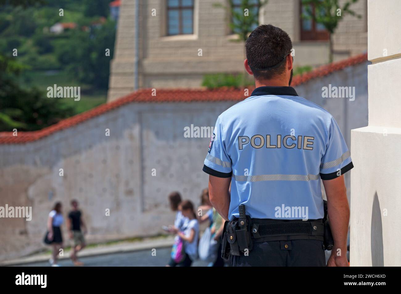 Prague, Czech Republic - June 14 2018: Police officer checking the ...