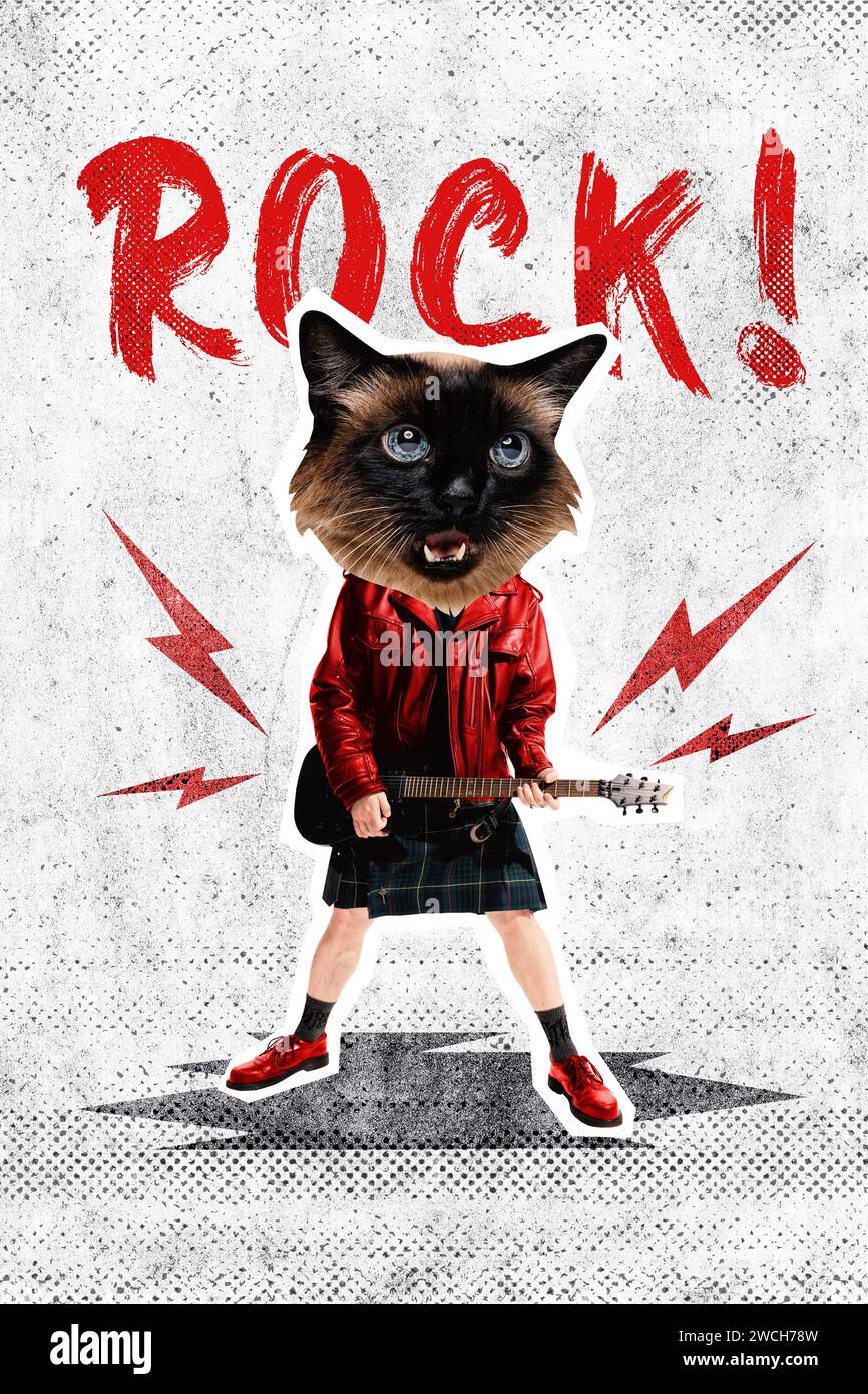 Poster. Contemporary art collage. Crazy rock star, human with cat's ...
