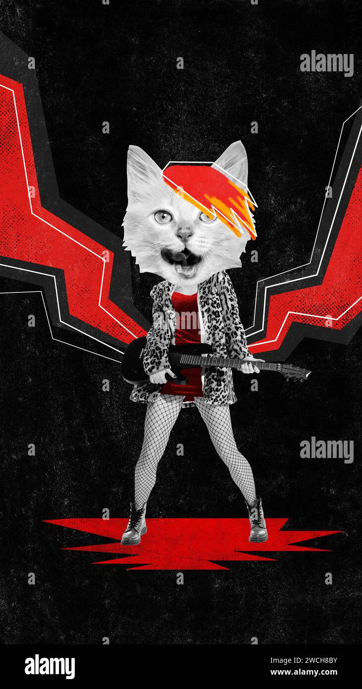 Poster. Contemporary art collage. Poster. Contemporary art collage. Crazy rock star, cat-headed ...