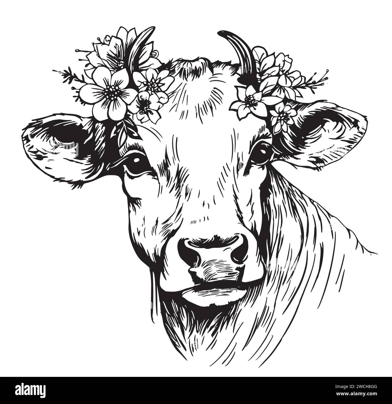 Cow head wreath of flowers. Farm Animal. Vector illustration isolated ...