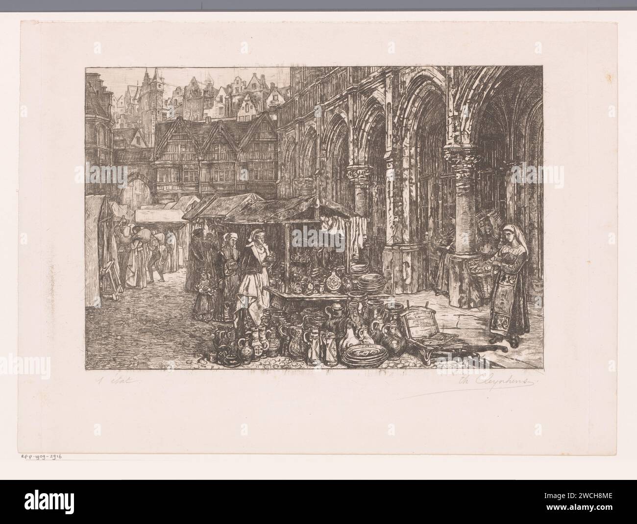 Medieval market with ceramic stall, Théodore Joseph Cleynhens, 1851 ...