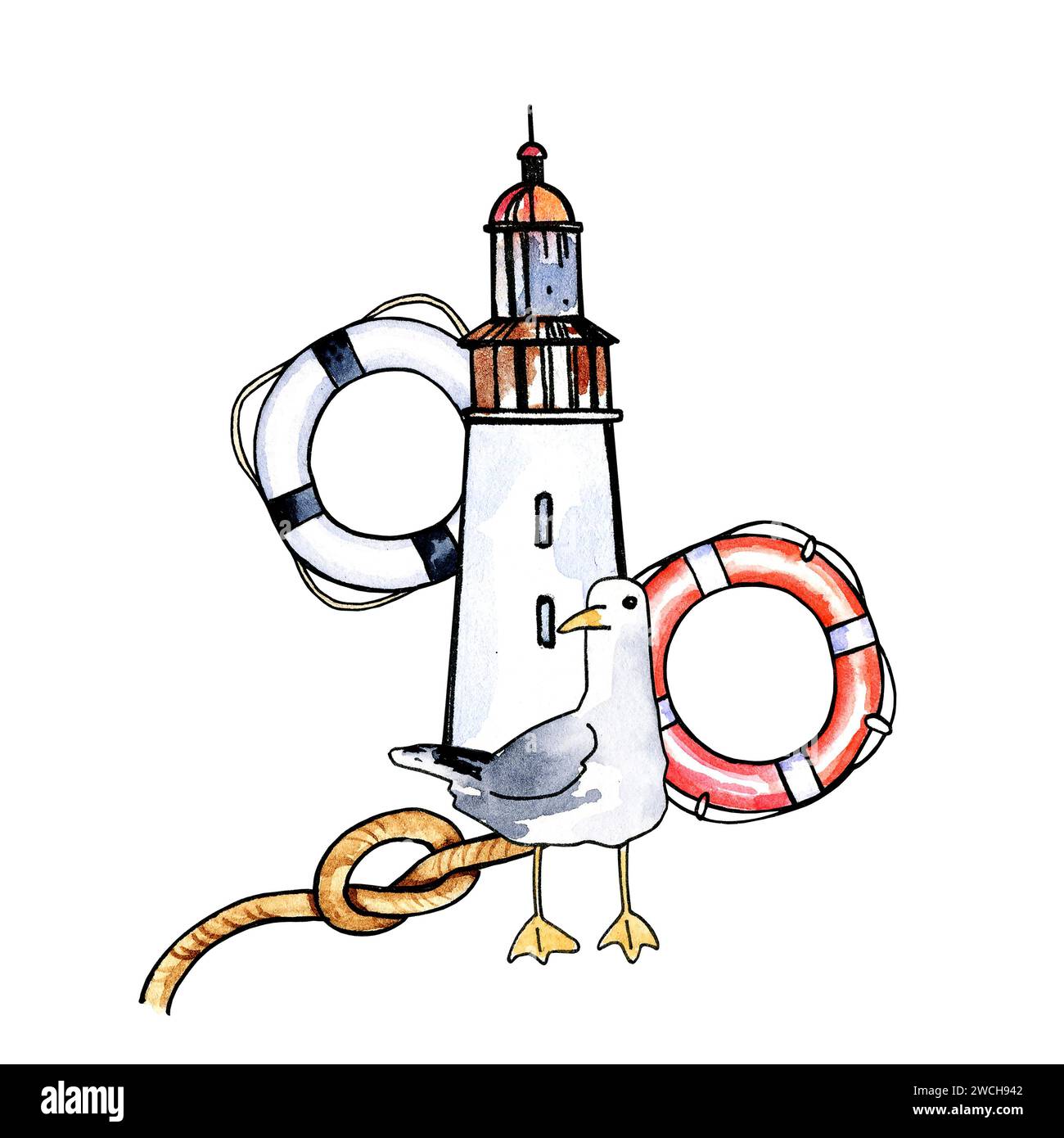 watercolor hand drawn composition with lighthouse, different striped ...