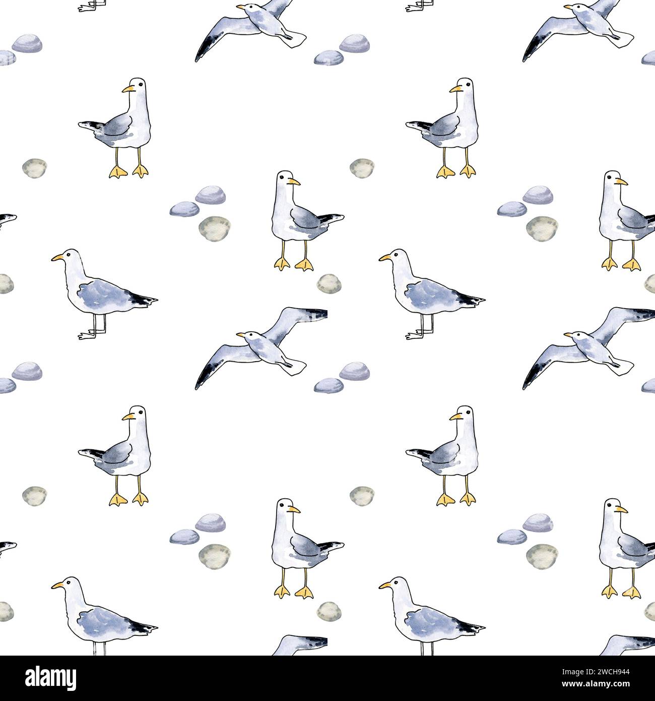 Watercolor seamless pattern with seagulls and stones, hand drawn sketch ...