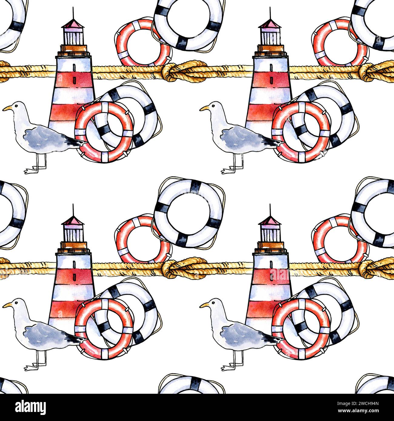 watercolor hand drawn composition with lighthouse, different striped ...