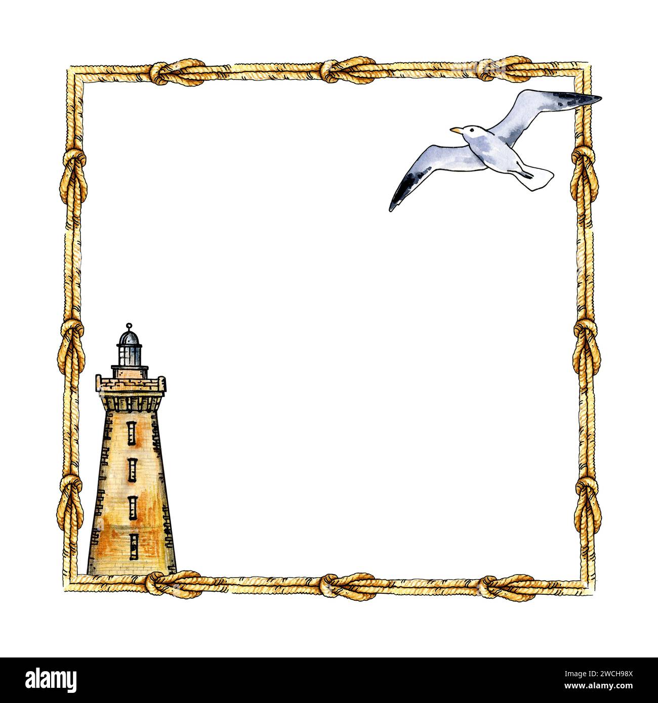 watercolor frame from old vintage knot, old lighthouse with lifeline ...