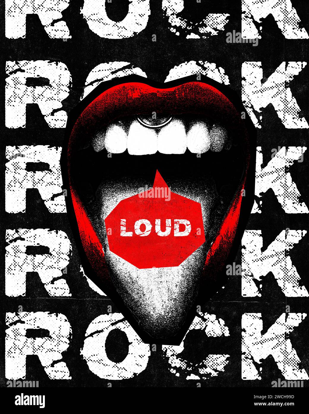 Poster. Contemporary art collage. Loud rock. Female mouth against black ...