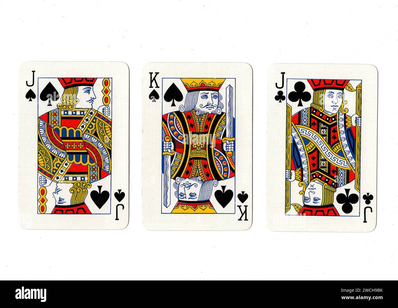 Vintage playing cards showing a pair of black jacks and a black king ...