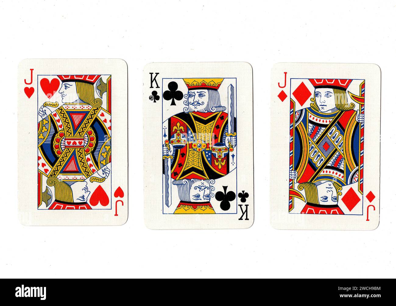 Vintage playing cards showing a pair of red jacks and a black king ...