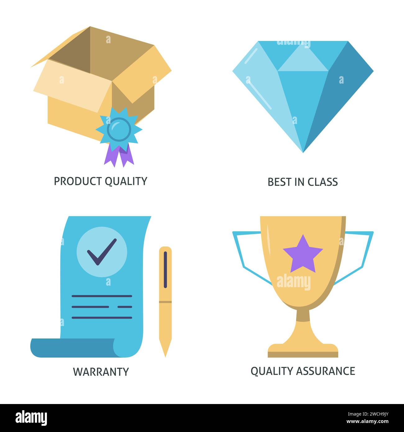 Product quality and warranty flat icon set. Best choice, certified ...