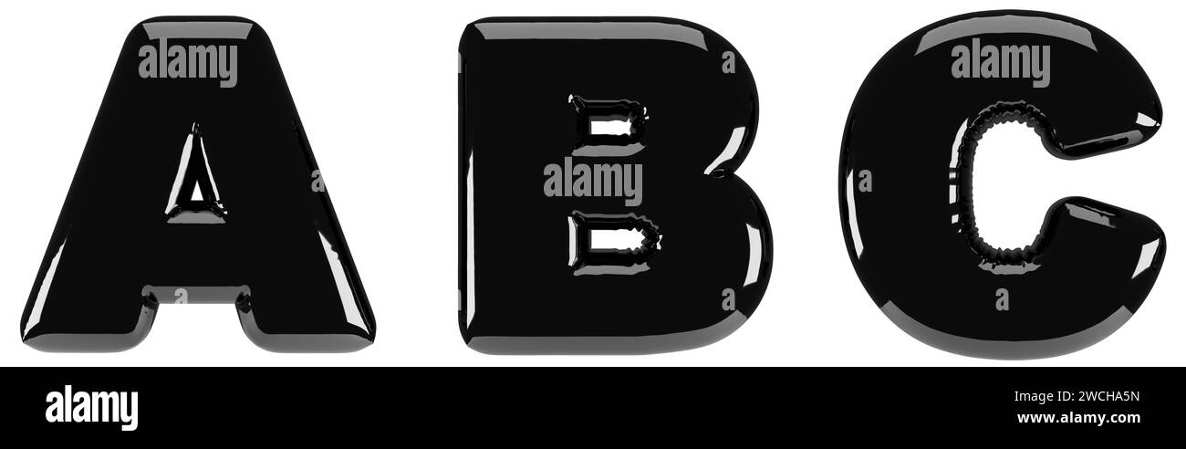 Inflated glossy black letter A, B, C uppercase illustration. 3D render ...