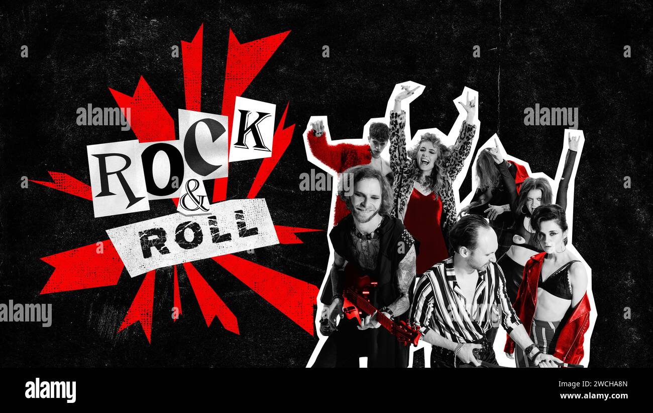 Poster. Contemporary art collage. Fans of energetic rock and roll music ...