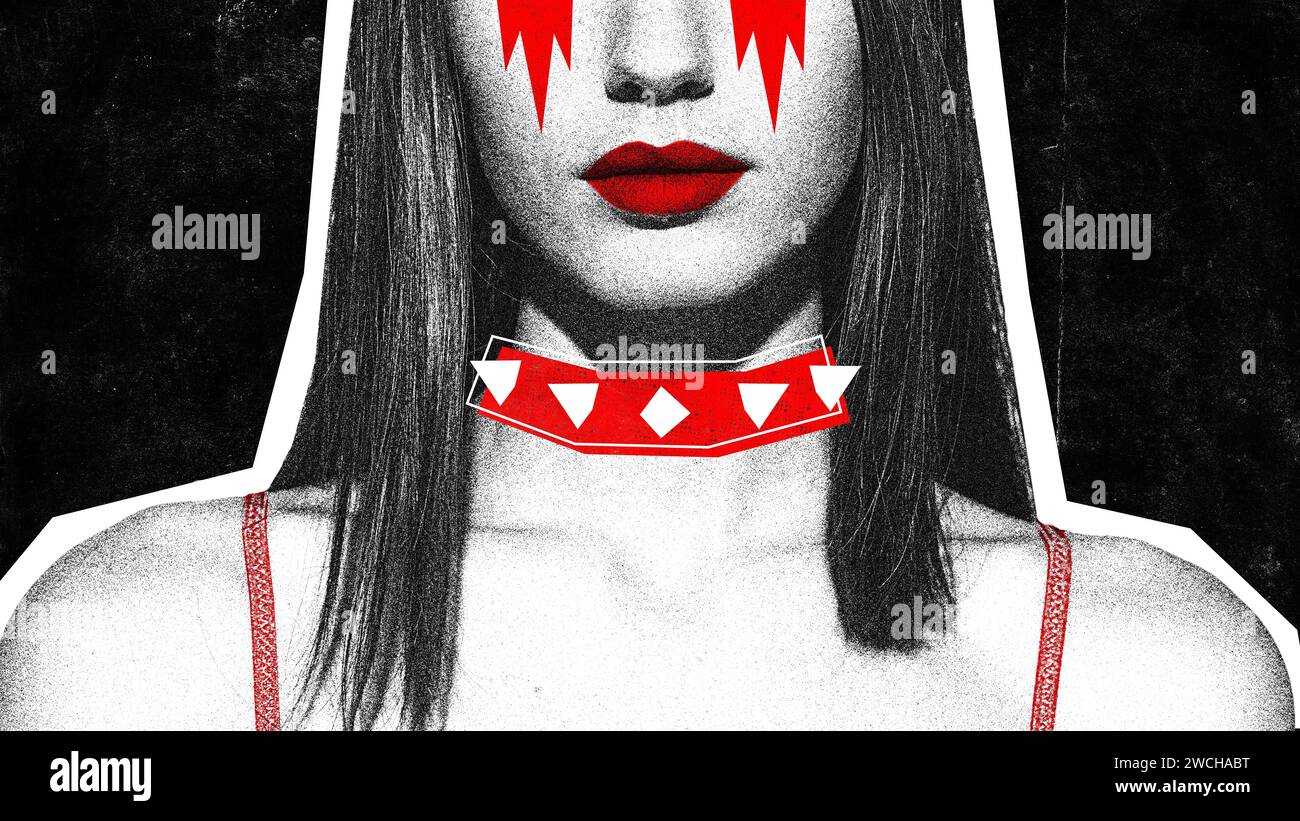 Poster. Contemporary art collage. Cropped female model, fun of heavy ...