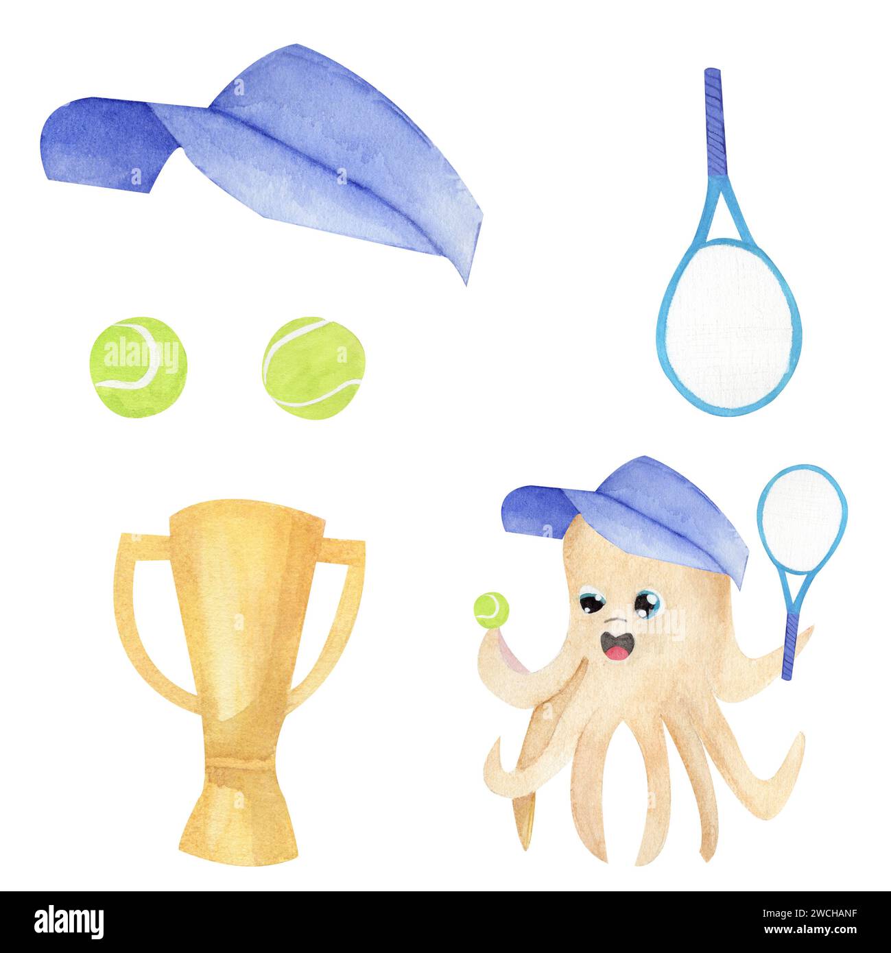 A collection of sports equipment. A set of watercolor paints: a tennis ...