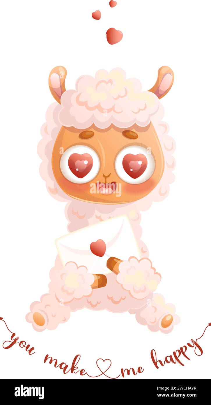Happy enamored Llama. Cute alpaca animal with hearts ang love letter. Romantic valentine. Vector ...