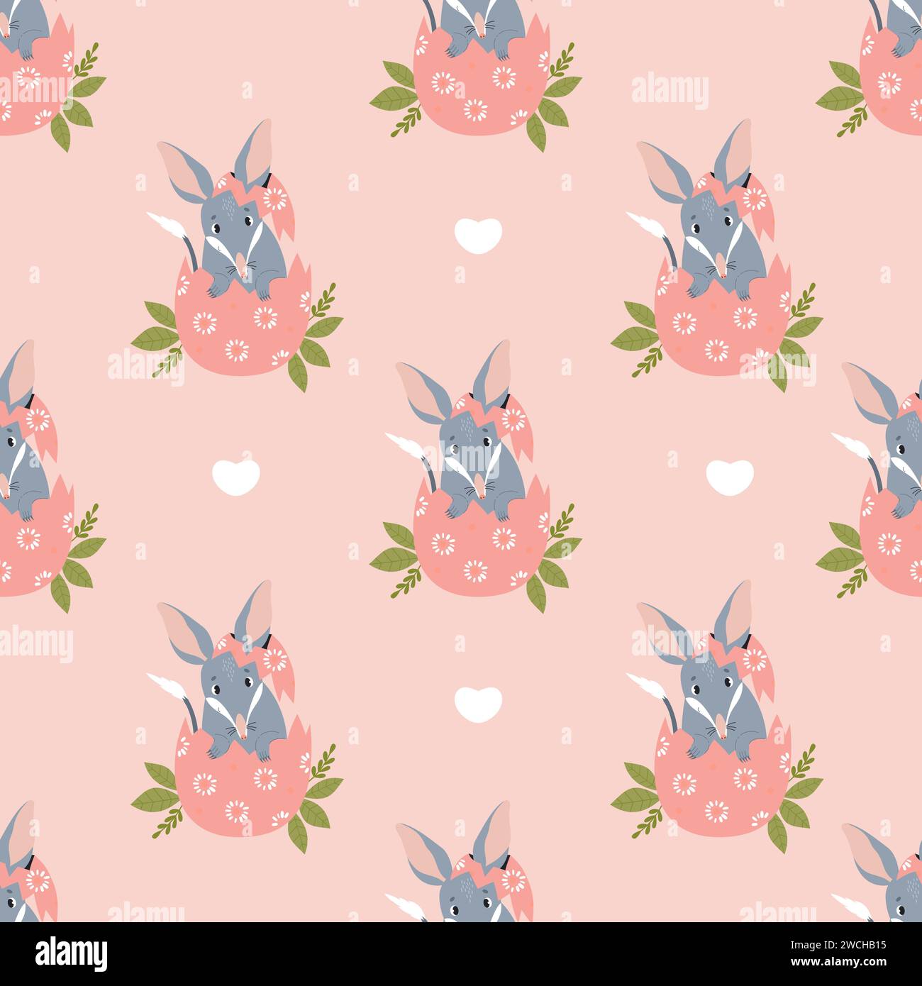Seamless pattern Easter bilby. Cute Australian animal in egg on pink ...