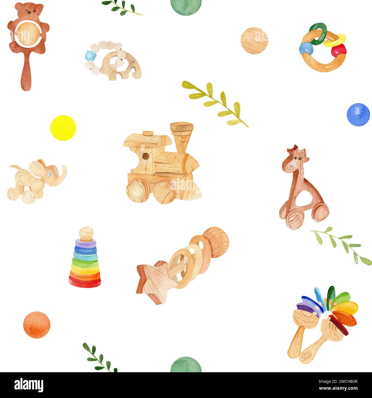 Watercolor seamless pattern with wooden children's toys: pyramid ...