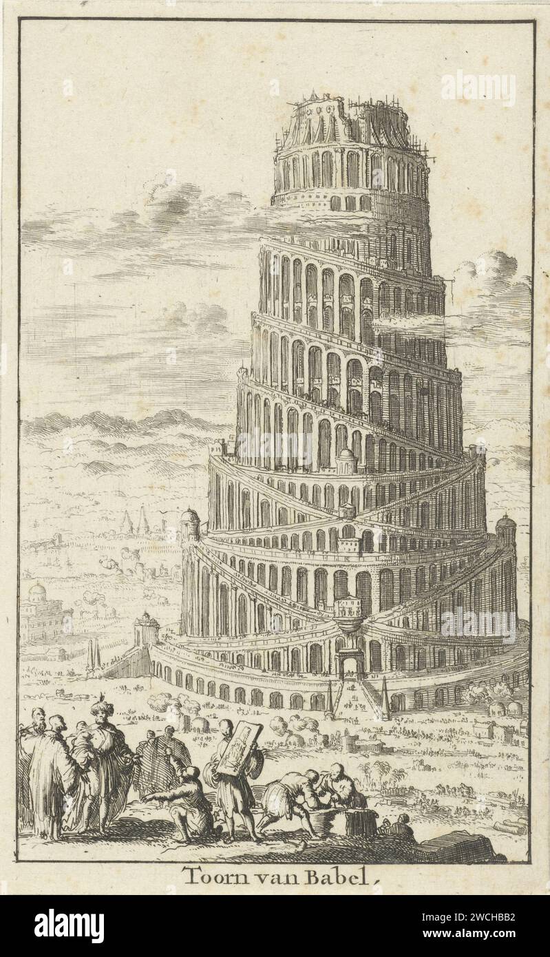 Tower van Babel, Jan Luyken, 1682 print Amsterdam paper etching the ...