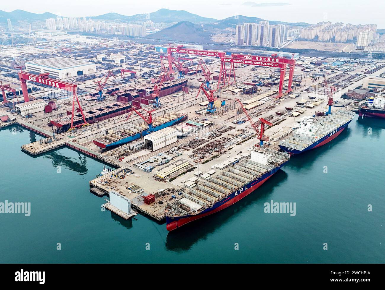QINGDAO, CHINA - JANUARY 16, 2024 - Multiple large ships are under ...