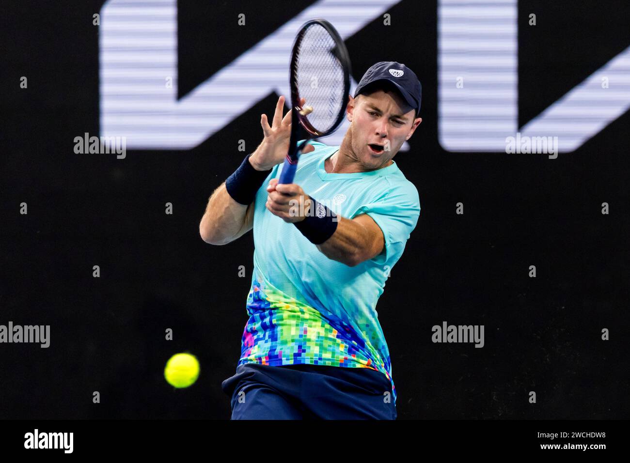 MELBOURNE, VIC - JANUARY 16: Dominik Koepfer of Germany in action ...