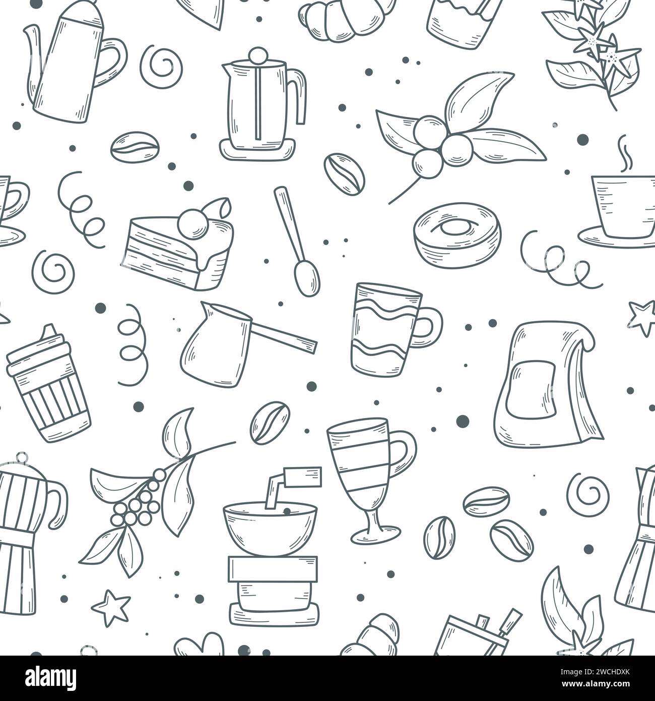 Butter pastries, sweets and coffee seamless pattern doodle sketch style ...