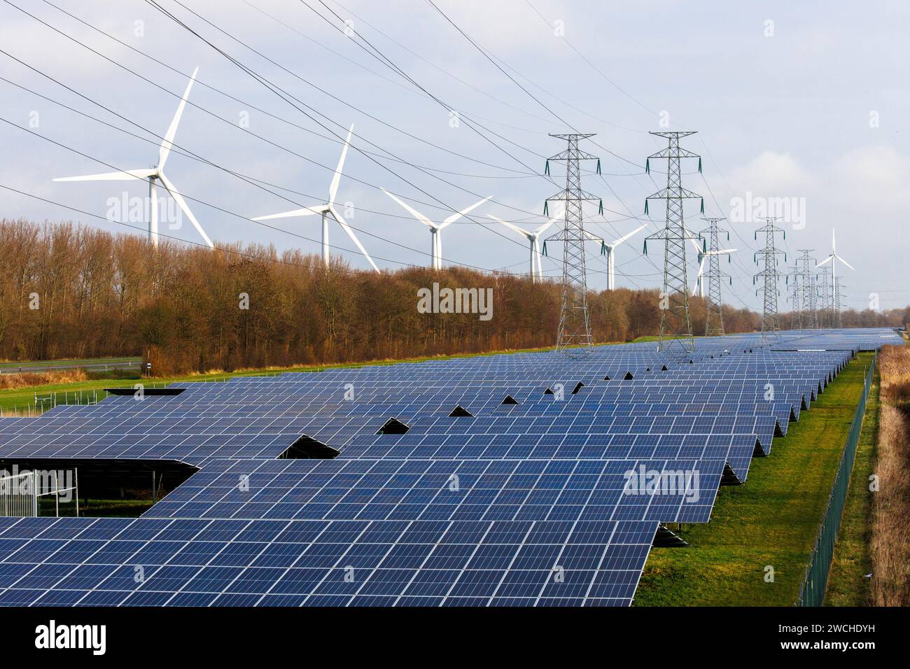 large solar park and wind turbines at the port of Vlissingen, Walcheren ...