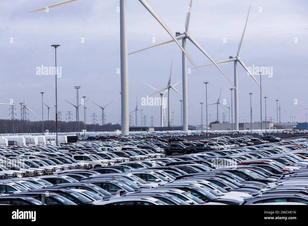 transhipment point for cars, car terminal and wind turbines at the port ...