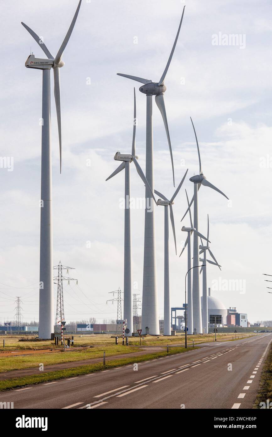 wind turbines at the port of Vlissingen, in the background the nuclear ...