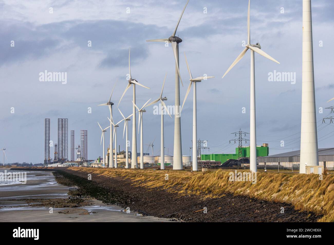 wind turbines at the port of Vlissingen, in the background an old ...