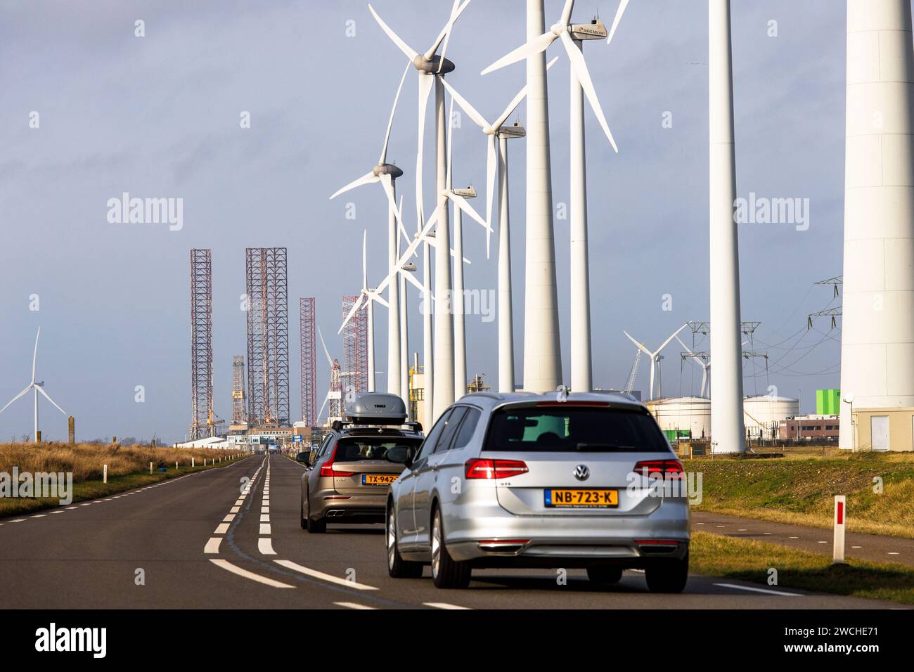 wind turbines at the port of Vlissingen, in the background an old ...