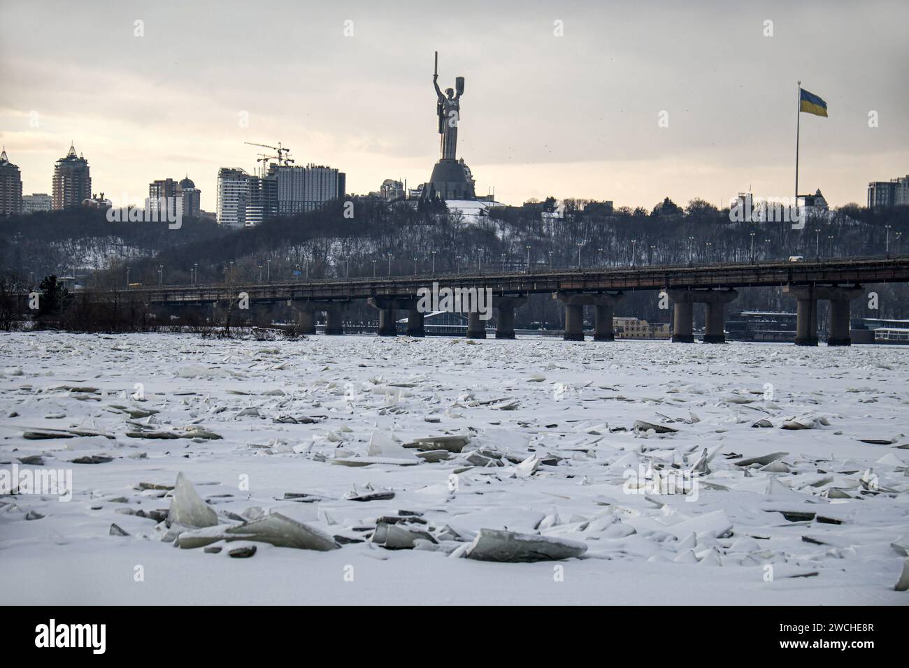 KYIV, UKRAINE - JANUARY 15, 2024 - The Motherland Monument dominates ...