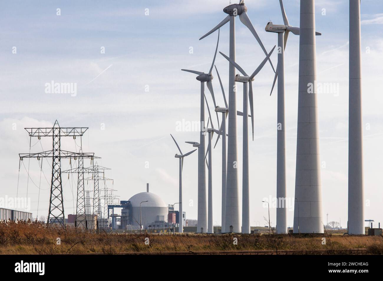 wind turbines at the port of Vlissingen, in the background the nuclear ...