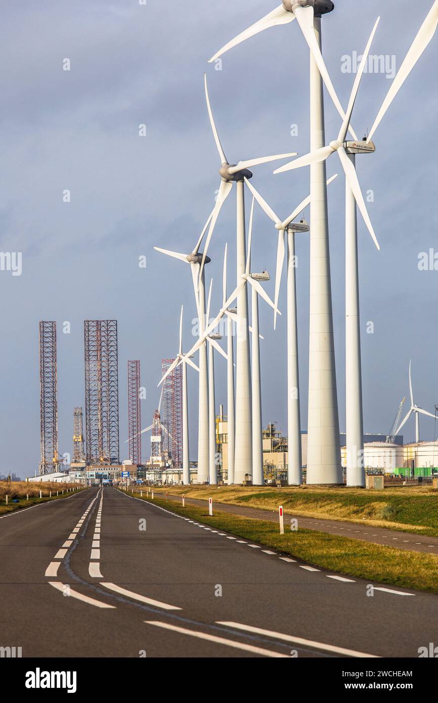 wind turbines at the port of Vlissingen, in the background an old ...