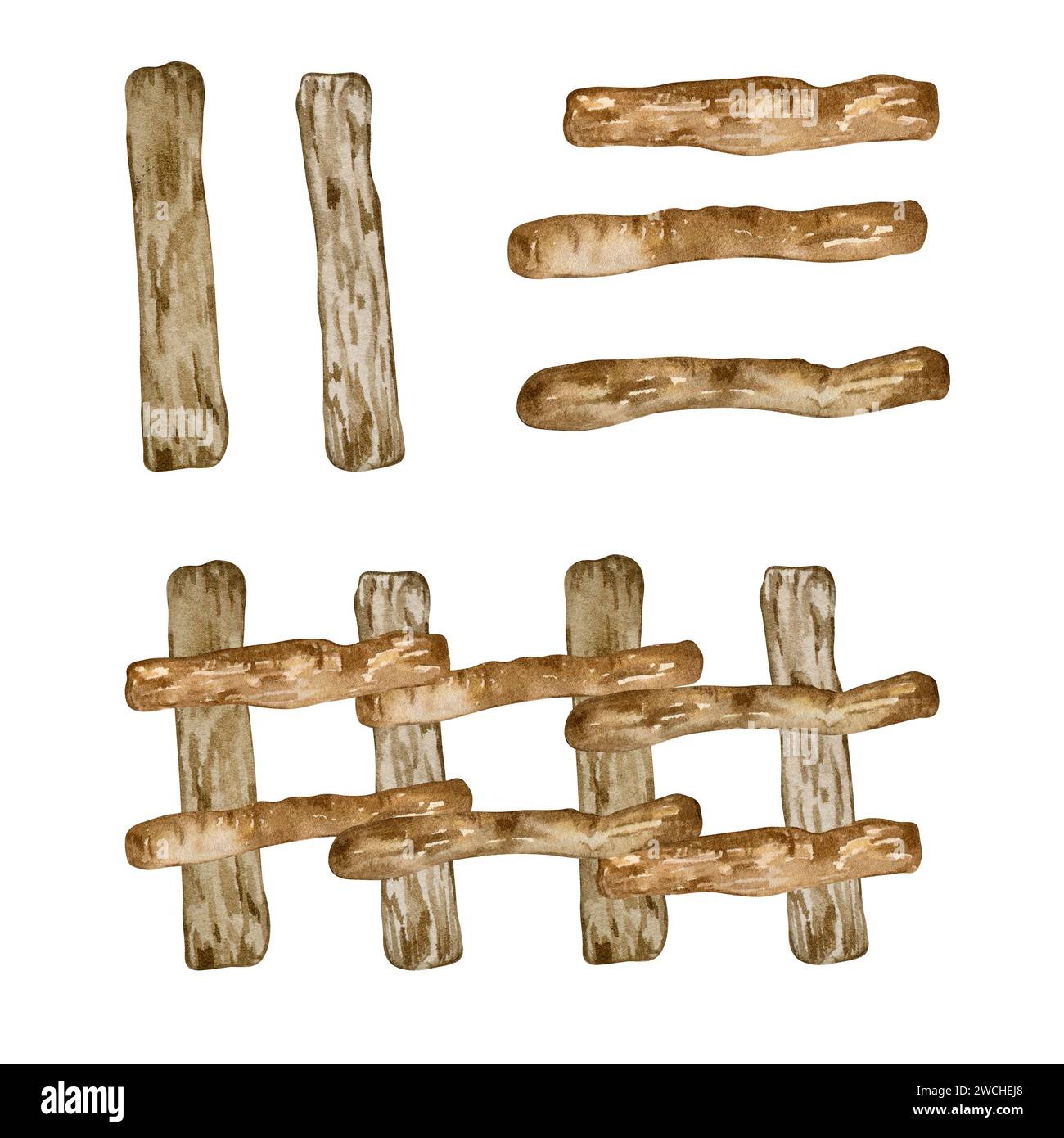 Watercolor wooden fence set illustration isolated on white. Wicker ...