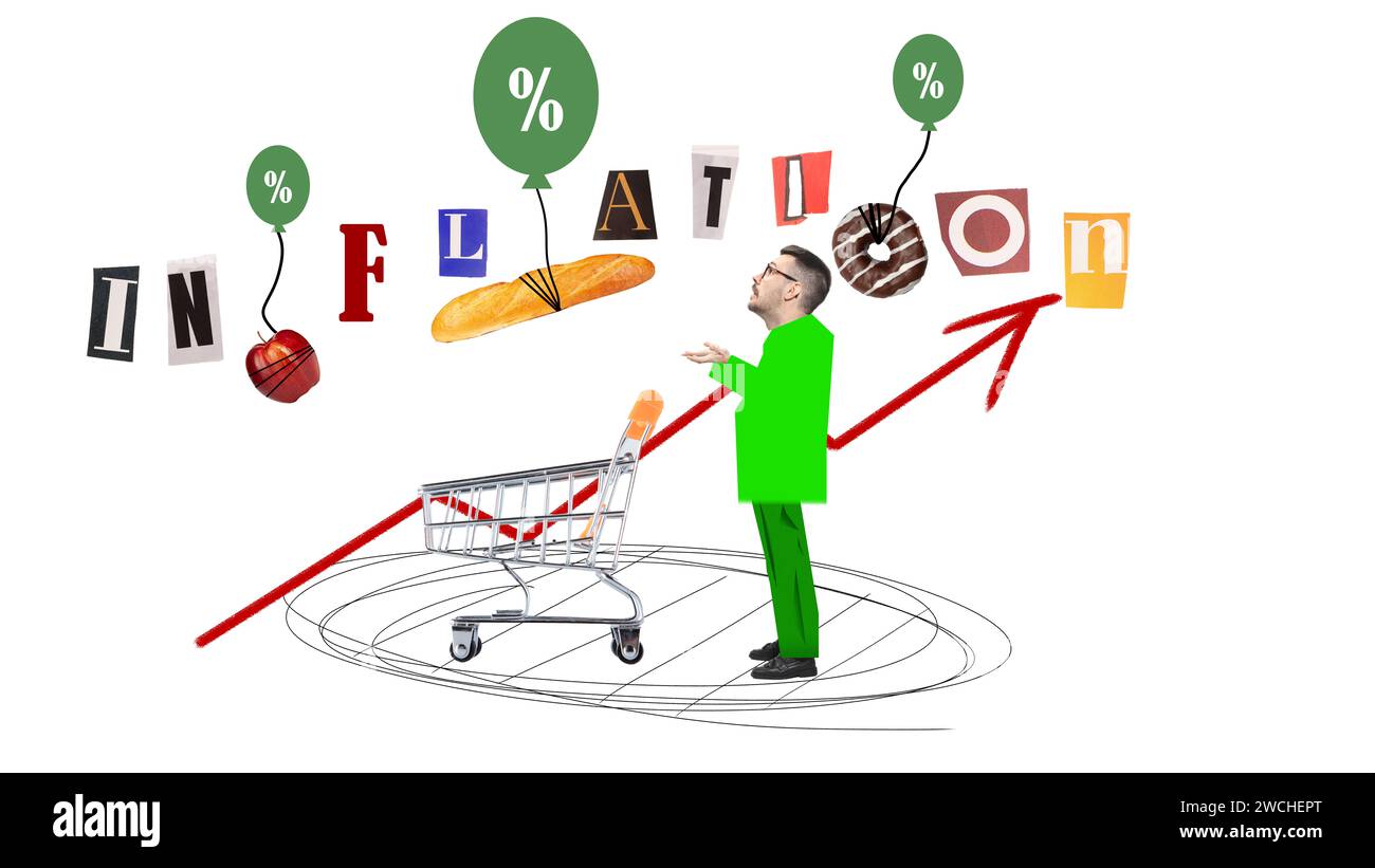 Growth of food price. Man standing with shopping trolley and looking on ...