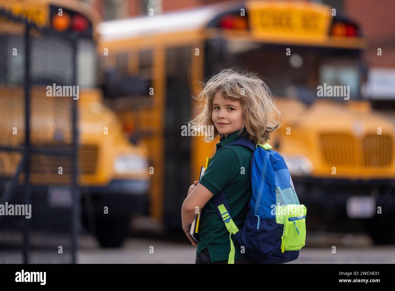 Child go to school. Schoolboy getting on school bus. American School ...