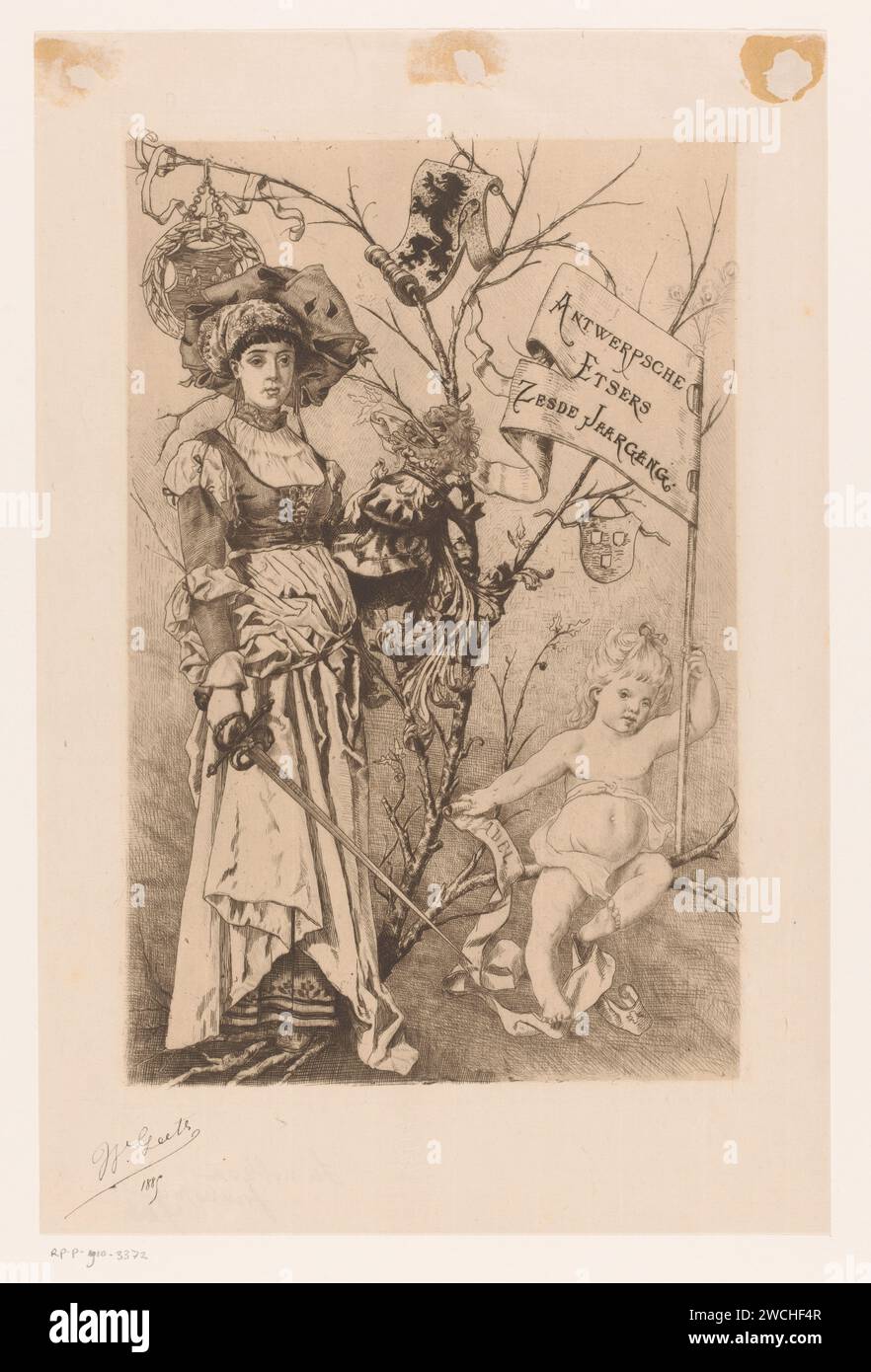 Young woman with helmet and sword near a branch with coats of arms ...