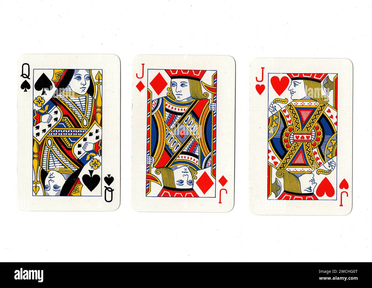 Vintage playing cards showing a pair of red jacks and a black queen ...