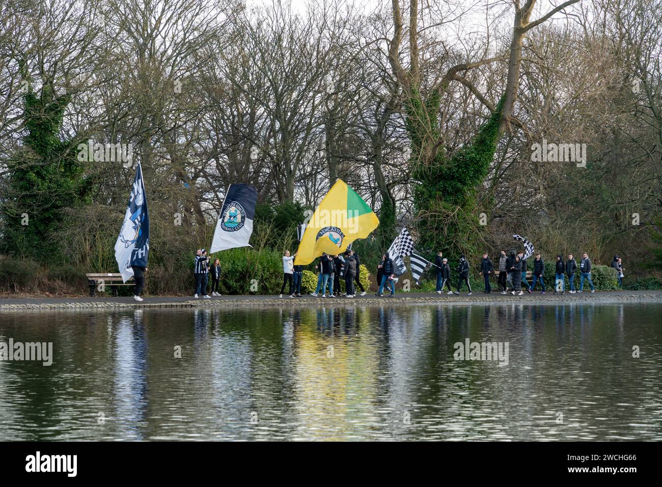 Newcastle United fans from Black and White Army with Wor Flags on a ...