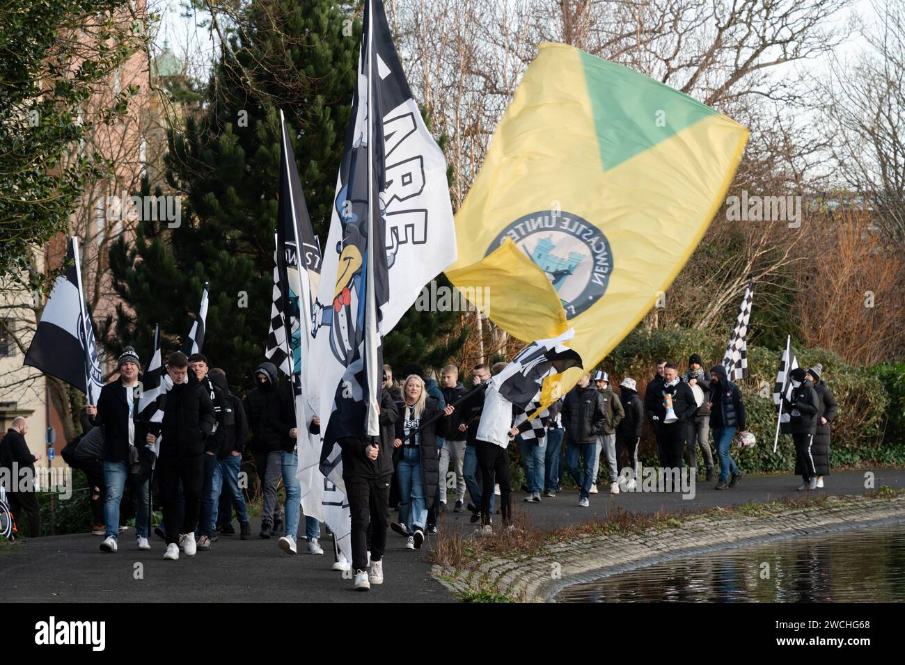 Newcastle United fans from Black and White Army with Wor Flags on a ...