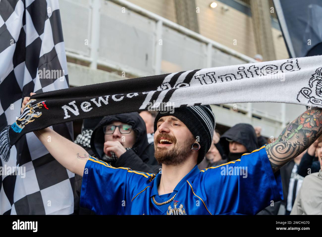 Newcastle United fans from Black and White Army with Wor Flags on a ...