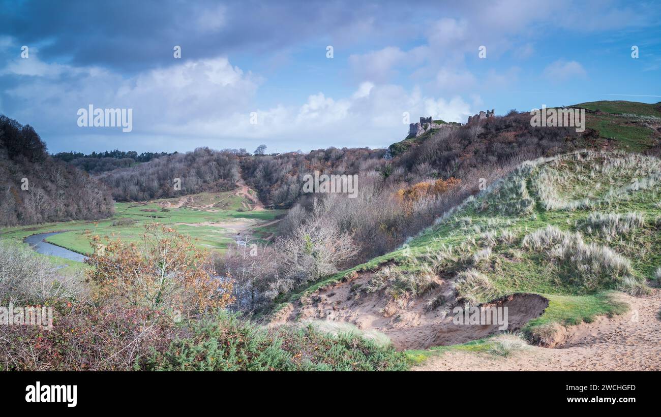 View of Pennard Castle, overlooking Three Cliffs Bay, on the Gower ...