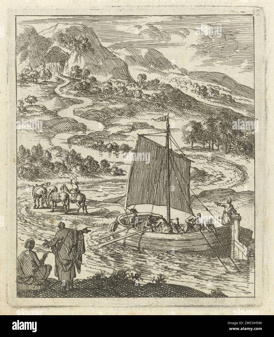 River landscape in which a barge is pulled through four horses, Jan ...