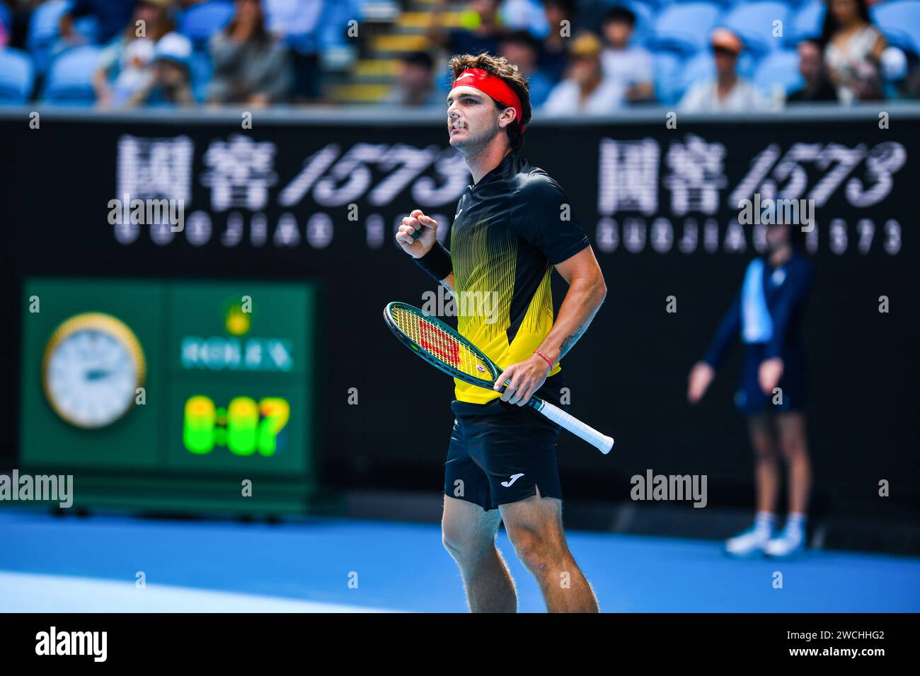 Melbourne, Australia. 14th Jan, 2024. Thiago Seyboth Wild of Brazil plays against Rublev Andrey ...