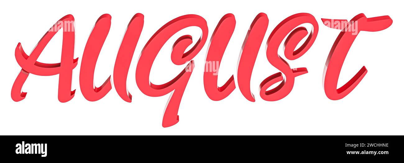 The red word of month 'AUGUST' isolated on white background. Title of ...
