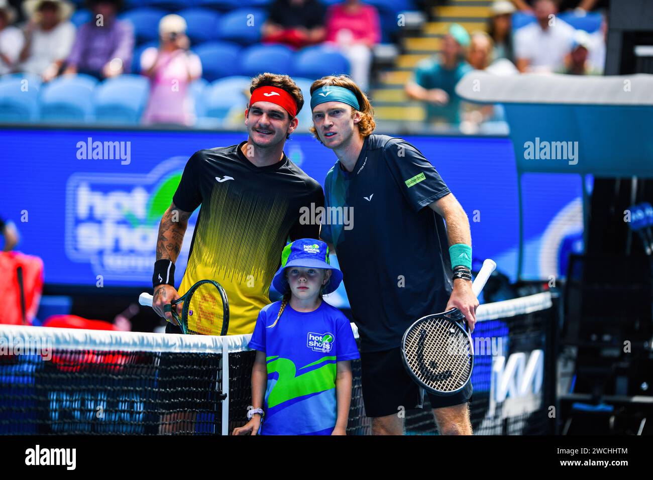 Melbourne, Australia. 14th Jan, 2024. Thiago Seyboth Wild of Brazil (L) and Rublev Andrey of ...