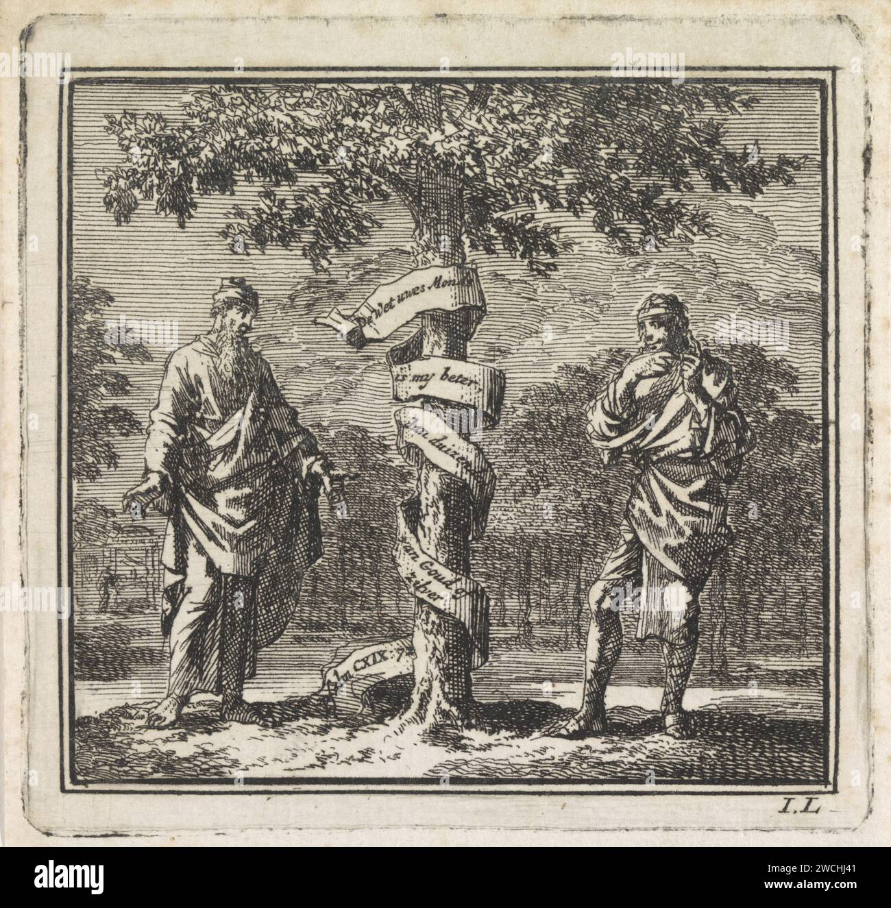 Old and young man by a tree with a ribbon, Jan Luyken, 1710 print ...
