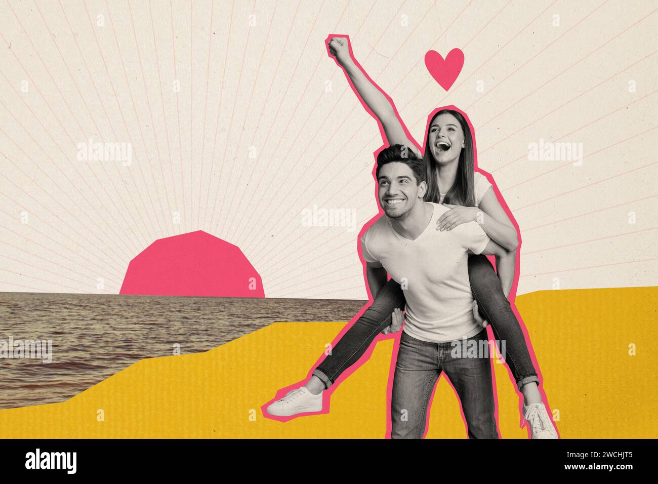 Creative collage picture of two excited black white colors partners ...