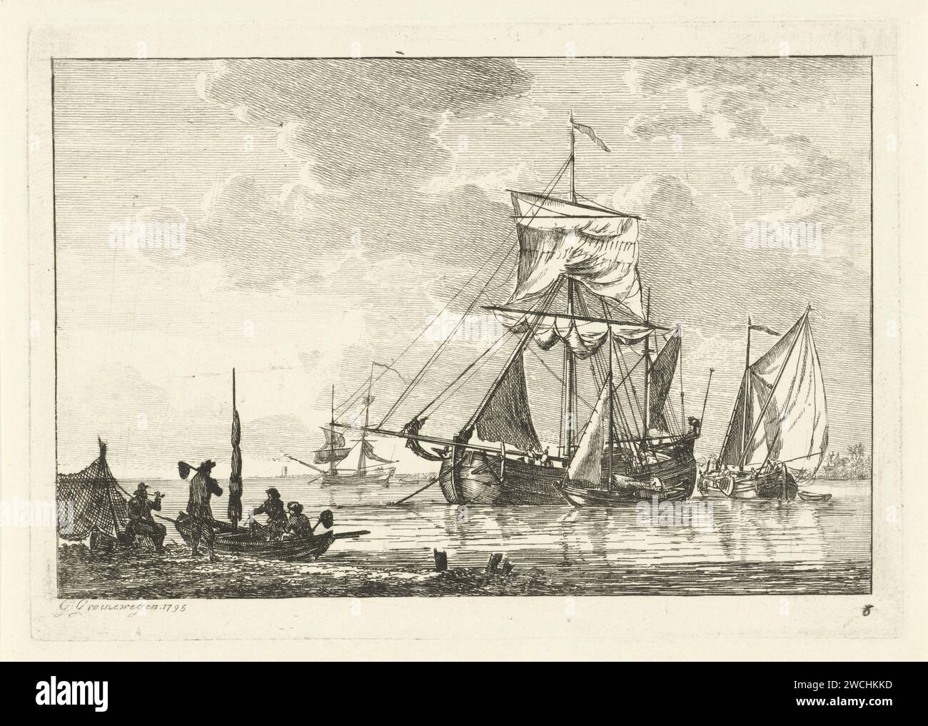 Four sailing ships on Stil Water, Gerrit Groenewegen, 1795 print Four ...
